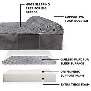 Furhaven Orthopedic Dog Bed for Extra Large Dogs w/ Bonus Water-Resistant Liner & Removable Washable Cover, For Dogs Up to 300 lbs - Goliath Quilted Faux Fur & Velvet Bolster Chaise - Gray, XXL