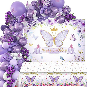 Butterfly Birthday Party Decorations Girls - 124PCS Butterfly Party Supplies, Balloon Arch/ Garland Kit, Butterfly Backdrop, Tablecloth, Latex Balloons, Metallic Balloons, 3D Butterfly Wall Decors