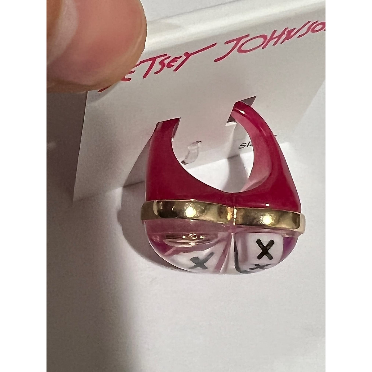 Betsey Johnson Chunky Fuchsia Pink Resin Heart Ring XOX and Gingham Size 8 NWT Valentine's Day Gift Idea Mother's Day XMAS Christmas Present LOVE Heart