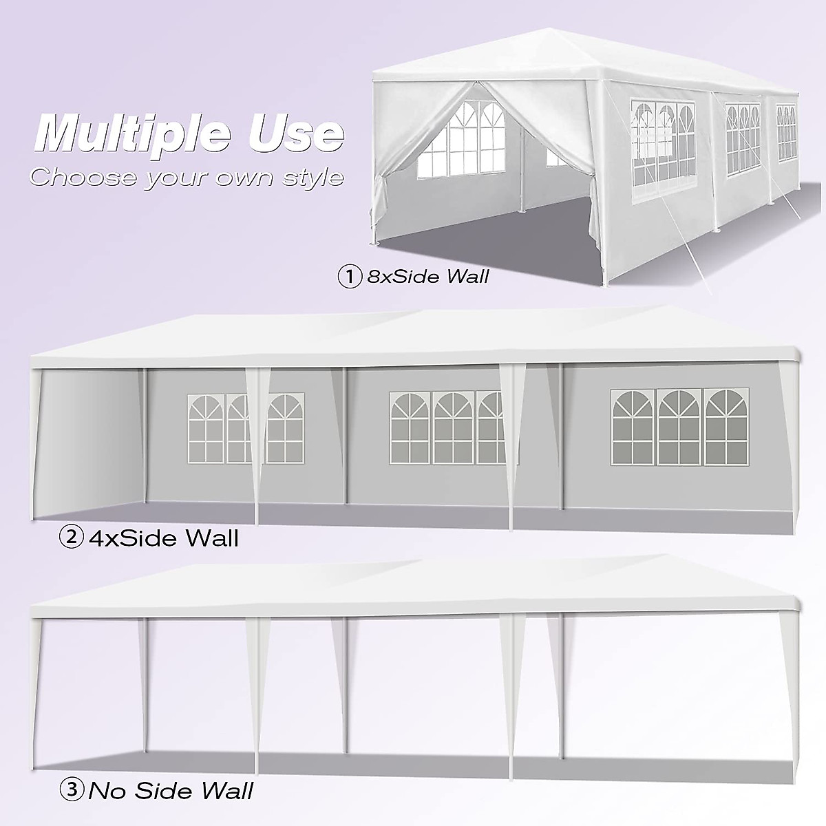 HCY 10'x30' Party Tent Heavy Duty Outdoor Gazebo Canopy with 8 Removable Sidewalls for Outdoor Wedding, BBQ, Camping, Backyard (White)