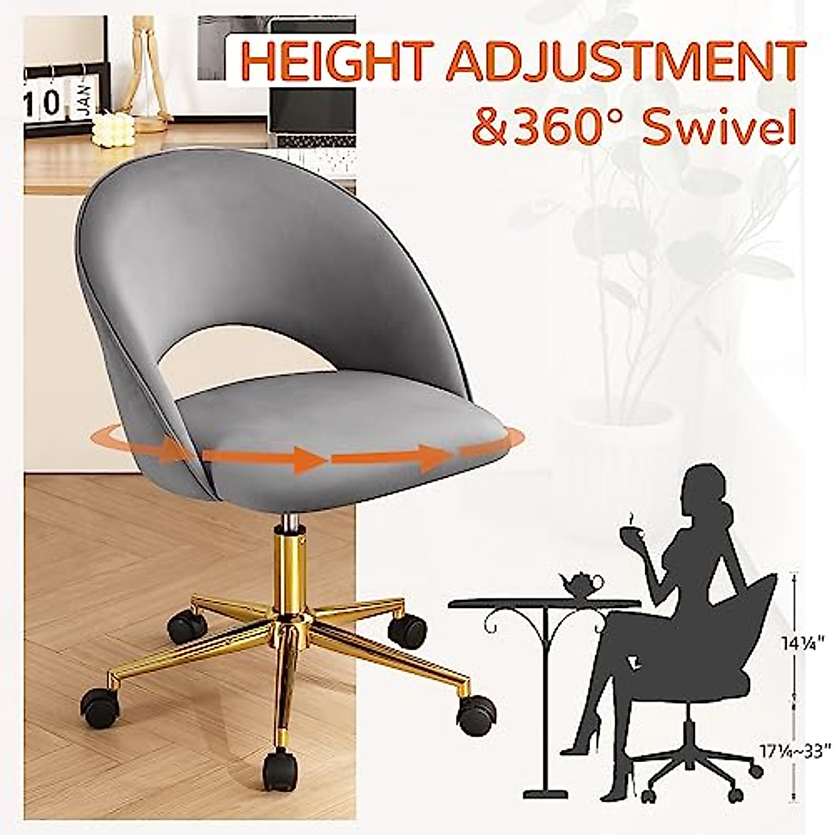 Furniliving Velvet Home Office Chair, Cute Desk Chair Swivel Armchair Upholstered Task Chair with Gold Metal Base, Vanity Chair Adjustable Computer Chair Makeup Chair for Living Room (LightGrey)