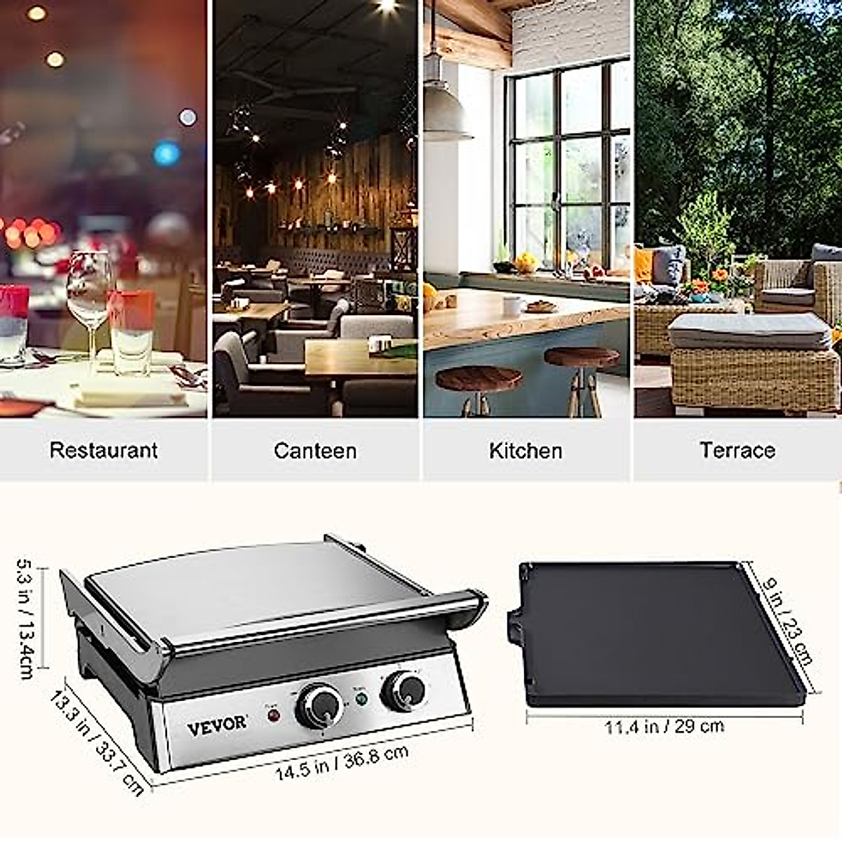 VEVOR Electric Contact Grills, 1500W Indoor Countertop Panini Press Griddle, Sandwich Maker with Non Stick,2 Reversible Iron Cooking Plates,0-446℉ Adjustable Temperature Control,Timer Function,120V