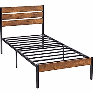 VECELO Platform Twin Bed Frame with Rustic Vintage Wood Headboard and Footboard, Mattress Foundation, Strong Metal Slats Support, No Box Spring Needed