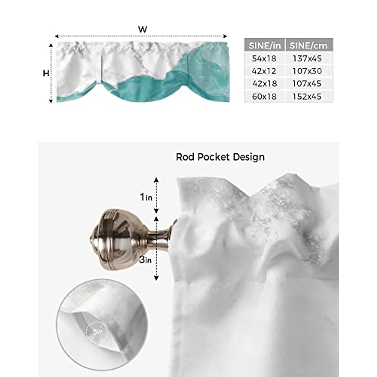 Segard Tie Up Valance for Windows,Marble Turquoise Gold and White Colors Kitchen Valances Adjustable Rod Pocket Window Shade Valance,Ink Painting Short Curtains Window Treatment for Bedroom 60x18in