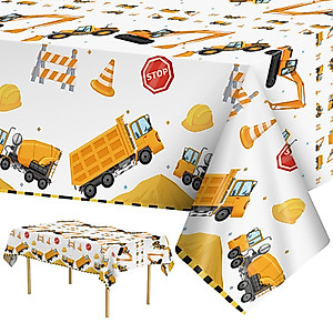 2 Pack Construction Table Cloth - Dump Truck Tablecloth, Plastic Disposable Rectangle Yellow Trucks Themed Table Cover for Construction Birthday Party Supplies Table Decorations Favors, 87 x 51 Inch