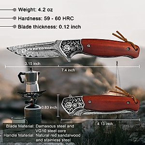 KOMWERO Damascus Pocket Knife, VG10 Damascus Steel Folding Knife with Wood Handle, Leather Sheath, Liner Lock, EDC Knife for Outdoor Survival Hunting Collection