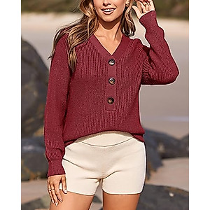 BTFBM Women Long Sleeve V Neck Button Down Sweater Solid Color Ribbed Knit Sweater Casual Relaxed Fit Pullover Jumper (Solid Jujube Red, Large)