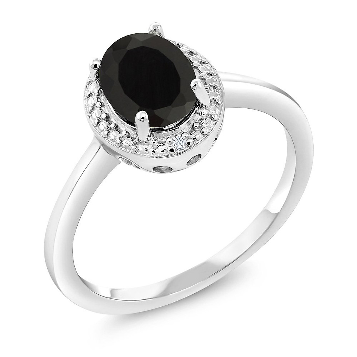 Gem Stone King 925 Sterling Silver Black Onyx and White Diamond Engagement Ring For Women | 1.26 Cttw | Gemstone December Birthstone | Oval 8X6MM | Available In Size 5-9