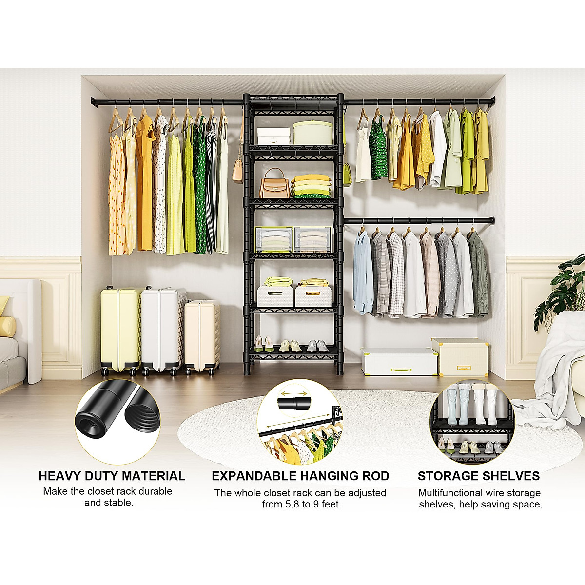 Ulif M5 Wall Mounted Clothes Garment Rack, Heavy Duty Closet Storage and Organizer System with 6 Shelves and 3 Expandable Hanger Rods, Space Saver Suit (46.2-102.4)"W x 14"D x 83.1"H, Black