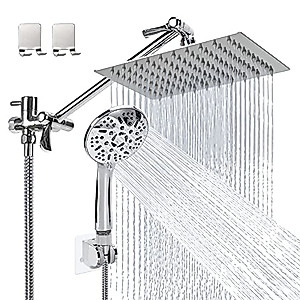 Rain Shower Head with Handheld, Lanhado 8'' High Pressure Rainfall Shower Head with 11'' Extension Arm, 9 Settings Handheld Shower Heads with Holder & Hose, Anti-leak Waterfall Showerhead, Chrome