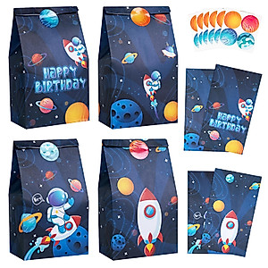 DECORLIFE 24PCS Space Goodie Bags, Outer Space Party Favor Bags for Birthday Party, Perfect for Boys, Girls, Kids, Stickers Included, 4 Styles