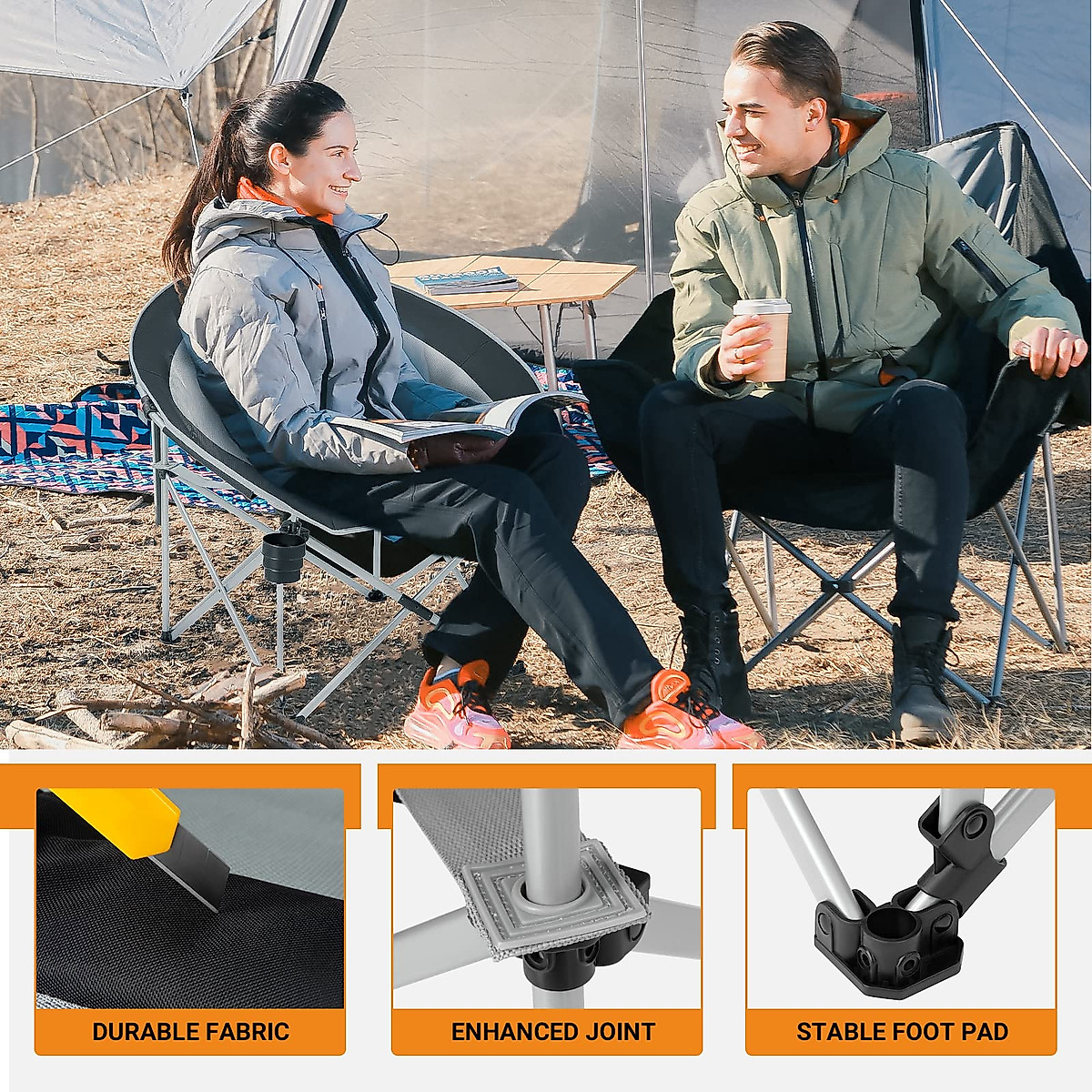 FUNDANGO Oversized Folding Camping Chair Moon Chair for Adults with Headrest, Cup Holder, Carry Bag, Portable Round Chair for Outdoor Hiking, Fishing, Picnic, Camp, Lawn