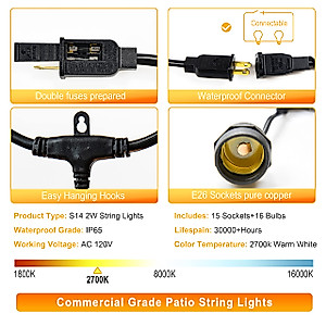 Anxbbo LED Outdoor String Lights, 48FT Patio Lights with 16 Edison Shatterproof Bulbs, UL Listed Heavy-Duty Commercial Grade Strand, Linkable Waterproof Hanging Lights for Outside Deck Backyard Garden