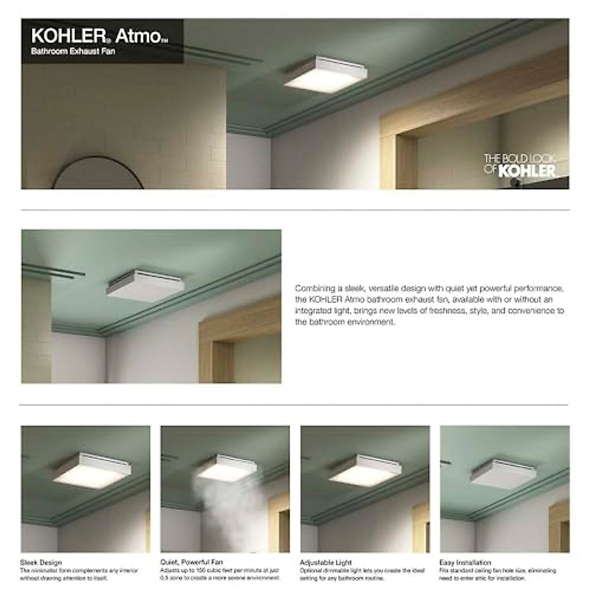 KOHLER Atmo Bathroom Exhaust Fan With Light, Ceiling Vent for Bathroom, 13-7/8" X 13-7/8"