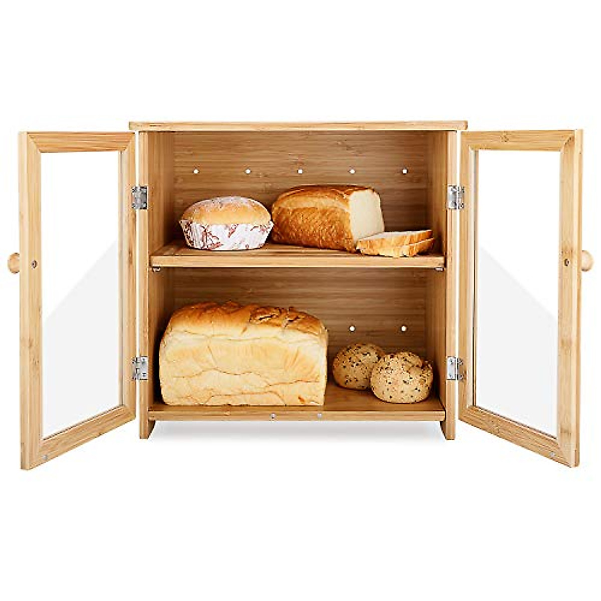 Leopard Bamboo Bread Box for Kitchen Countertop, 2 Layers Bread Boxes with Clear Window for Kitchen Food Storage, Large Bread Storage Bin with Cutting Board - Natural Bamboo