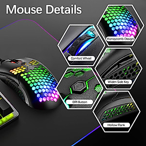 Gaming Keyboard and Mouse,3 in 1 Gaming Set,Rainbow LED Backlit Wired Gaming Keyboard,RGB Backlit 12000 DPI Lightweight Gaming Mouse with Honeycomb Shell,Large Mouse Pad for PC Game(Black)