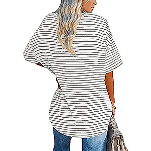 Fisoew Womens Striped Oversized Tees Loose T Shirts Half Sleeve Crew Neck Cotton Tunic Tops with Pockets