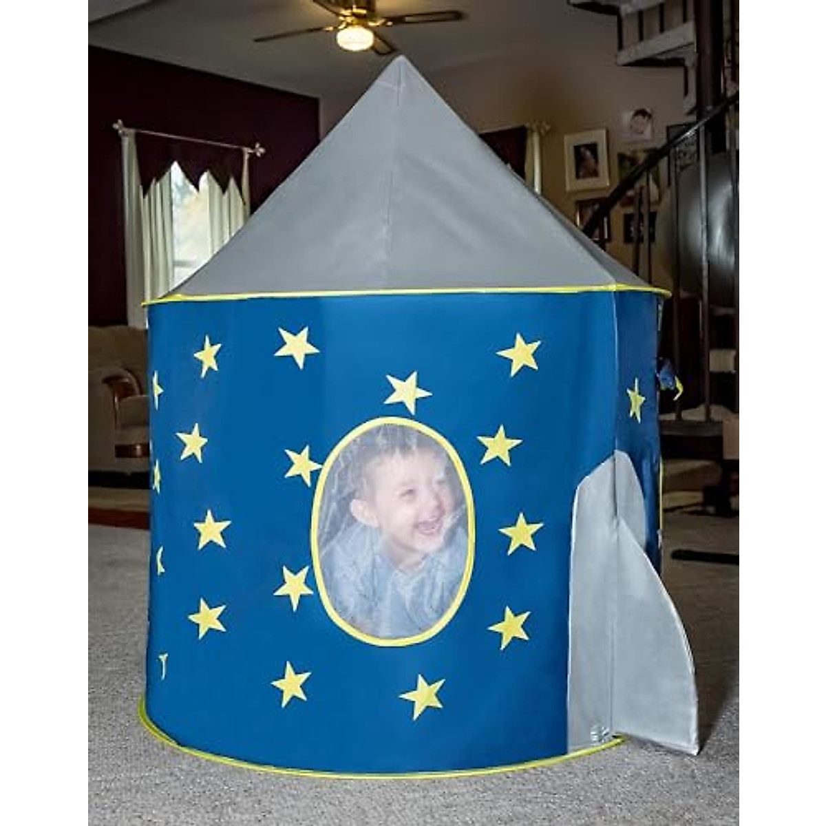FoxPrint Rocket Ship Tent - Space Themed Pretend Play Tent - Space Play House - Spaceship Tent For Kids - Foldable Pop Up Star Play Tent Blue