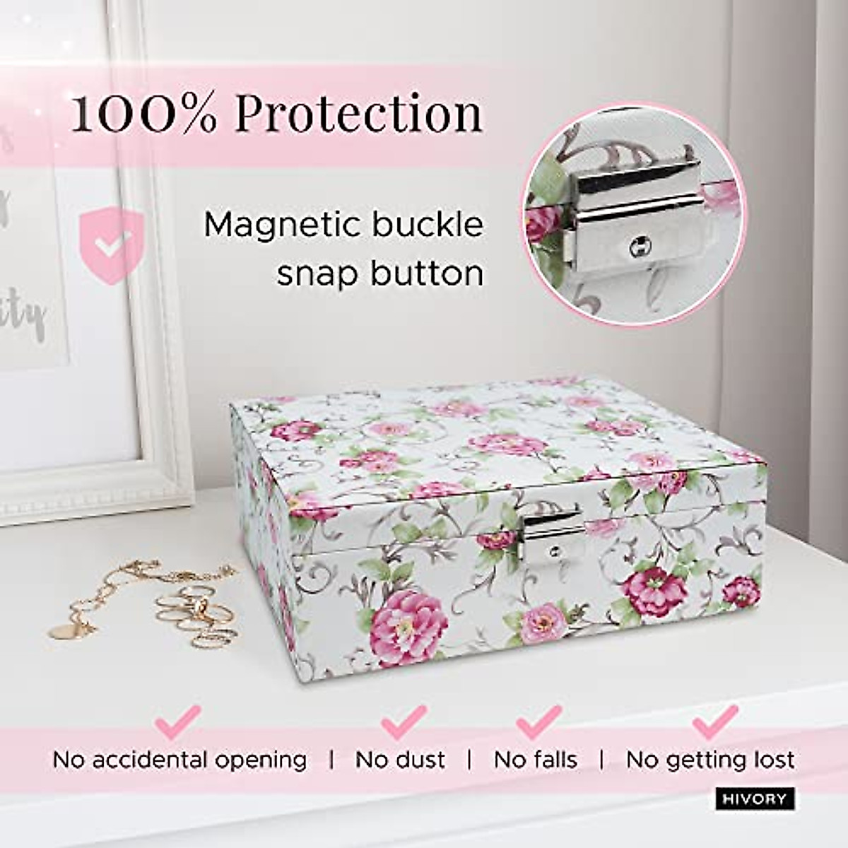 Jewelry Organizer Box - Women Two Layer Display Storage Case Large PU Leather Jewelry Holder with Lock for Earring Ring Necklace Bracelet, Beige White (Floral White)