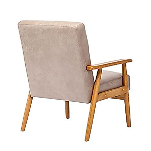 freemax Mid Century Accent Armchair Wood Leather Lounge Chair with Suede Cushion and Soft Sponge, for Living Room Bedroom Reading Room (Beige)