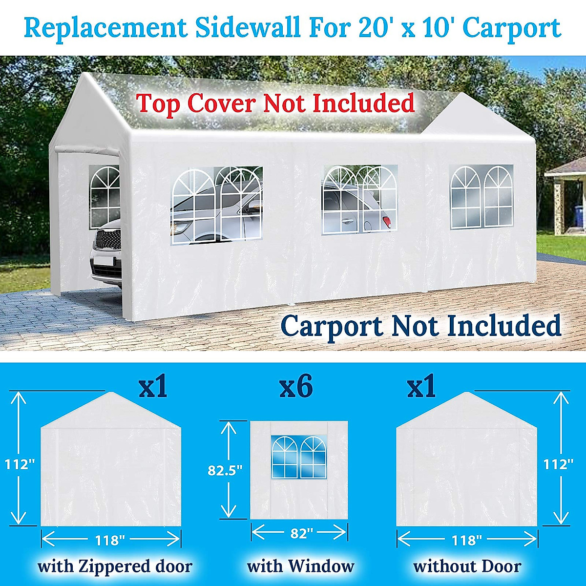 BenefitUSA Carport Side Wall for 10x20 Tent Garage, Replacement Canopy Sidewall White (Side Wall ONLY, Frame NOT Included)