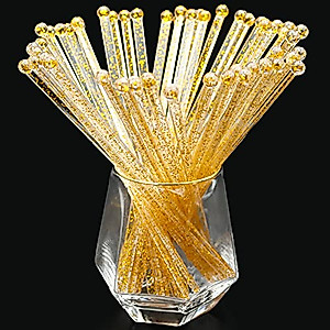 hapray 50-PCS Gold Glitter Plastic Swizzle Sticks, Crystal Cake Pops, Cocktail Coffee Drink Stirrers, Lolipop Stick, 7.24 Inch