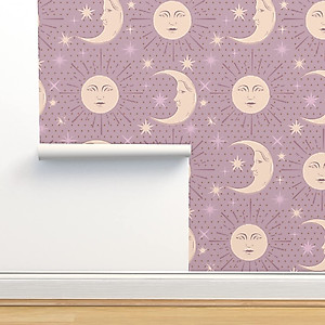 Peel & Stick Wallpaper Swatch - Purple Suns Boho Stars Mauve Celestial Moon Sky Custom Removable Wallpaper by Spoonflower