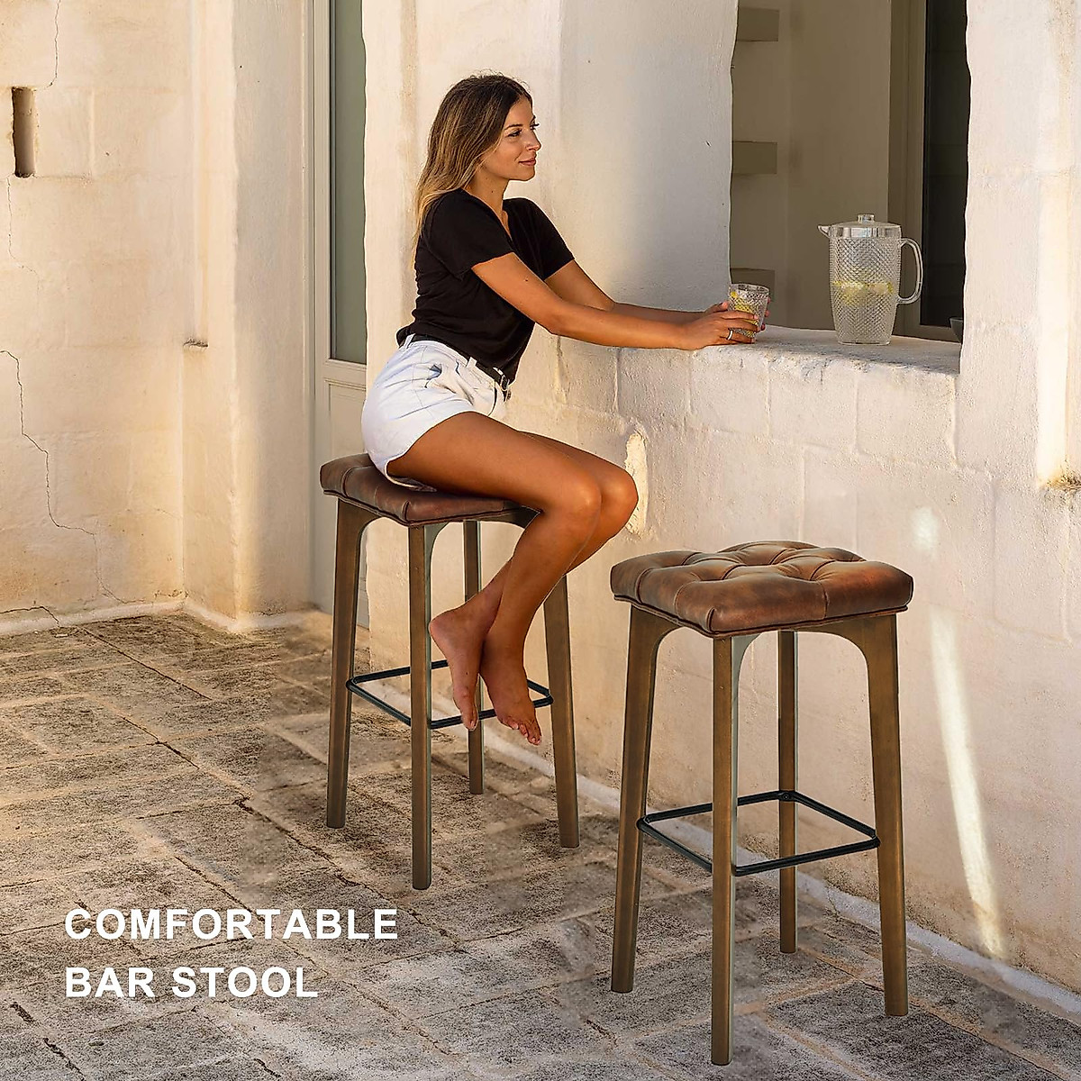 BarEasy Bar Height Stools, 2pcs Leather Wood Bar Stoolst for Kitchen Island(Brown) 1