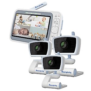 Moonybaby EMF Reduction Baby Monitor with 3 Cameras for 3 Rooms, QuadView 30, No WiFi, 5" 720p HD Quad View Screen, 20 Days Stand-by Battery Life, Room Temperature Display