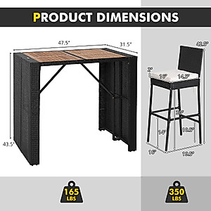 RELAX4LIFE 5-Piece Outdoor Bar Set - Wicker Rattan Bar Height Dining Table w/Acacia Wood Top & 4 Bar Stools Chairs w/Seat Cushions, Backrest, Footrest, Outside Patio Bistro Set for Backyard Poolside