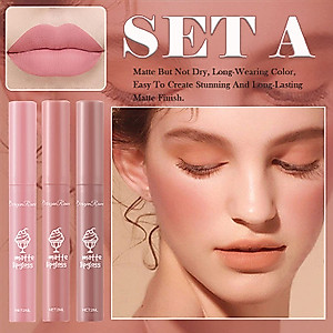 3 Colours Nude Matte Lipstick Set,24 Hour Natural Lip Glazes Velvet Air Moisture Smooth Crayon Lip Stain,Nourishing Color Lip Glaze,Long Lasting Waterproof Lip Gloss Lipstick for Women Makeup(Set A)