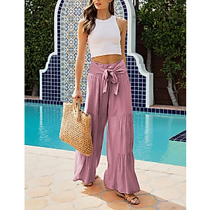 Xiaoxuemeng Women's Tiered Palazzo Pants Flowy Elastic High Waisted Wide Leg Beach Pants (Pink-XL)
