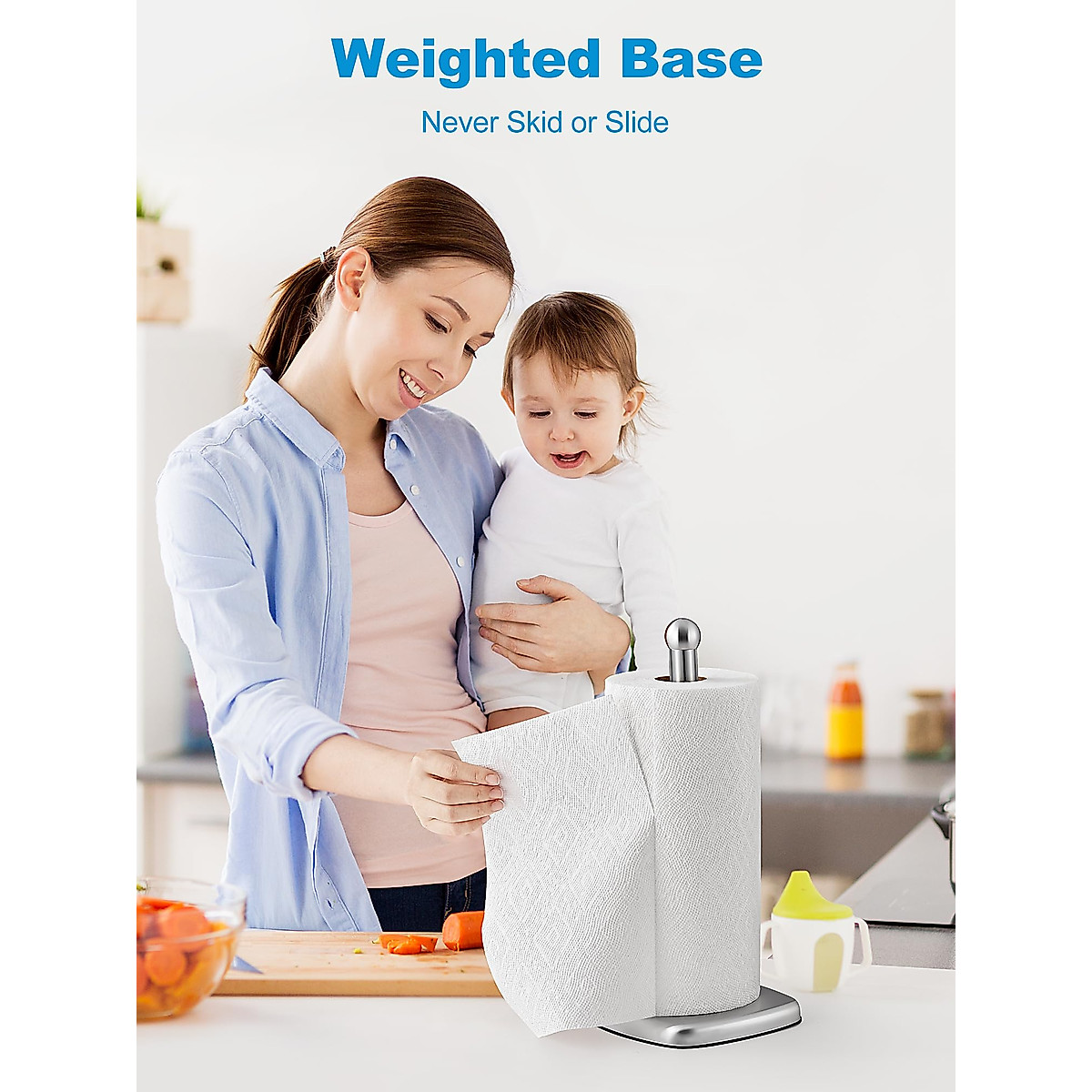 SMARTAKE Paper Towel Holder for Countertop, Standing Kitchen Roll Holder with Suction Cups, Non-Slip Paper Towel Stand, Stainless Steel, Weighted Base, for Kitchen Bathroom, Square Base (Silver)