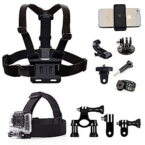Action Camera Accessories Handlebar Head Chest Mount Strap Harness Adaptor with Cell Phone Clip for Gopro Hero/iPhone 15 14 13 12 11 Pro Max