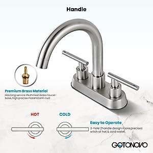 gotonovo 4 Inch Centerset Modern Bathroom Sink Faucet 2 Hole Brushed Nickel Swivel Spout 2-Handle Deck Mounted Lavatory Faucet with Water Supply Lines and Pop Up Drain