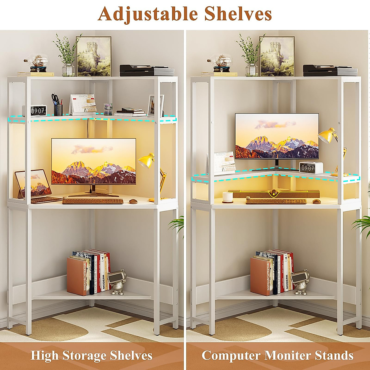 Cyclysio Mini Corner Desk with Hutch, Corner Gaming Desk with LED Light, Corner Computer Desk with Power Outlets, Triangle Corner Desk for Small Space, Home Office, Workstation, White