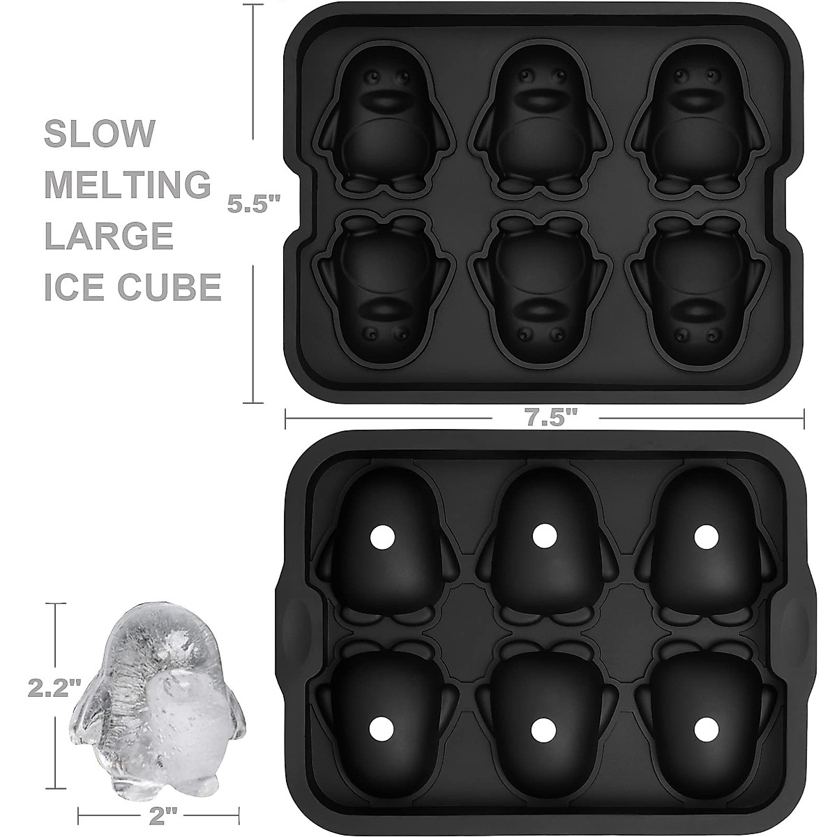 Nax Caki 3D Penguin Ice Cube Tray, 2.2" Large Thicked Silicone Fun Shapes Whiskey Ice Mold with Funnel for Cocktails,Bourbon,Brandy, Whiskey Gifts for Men Black