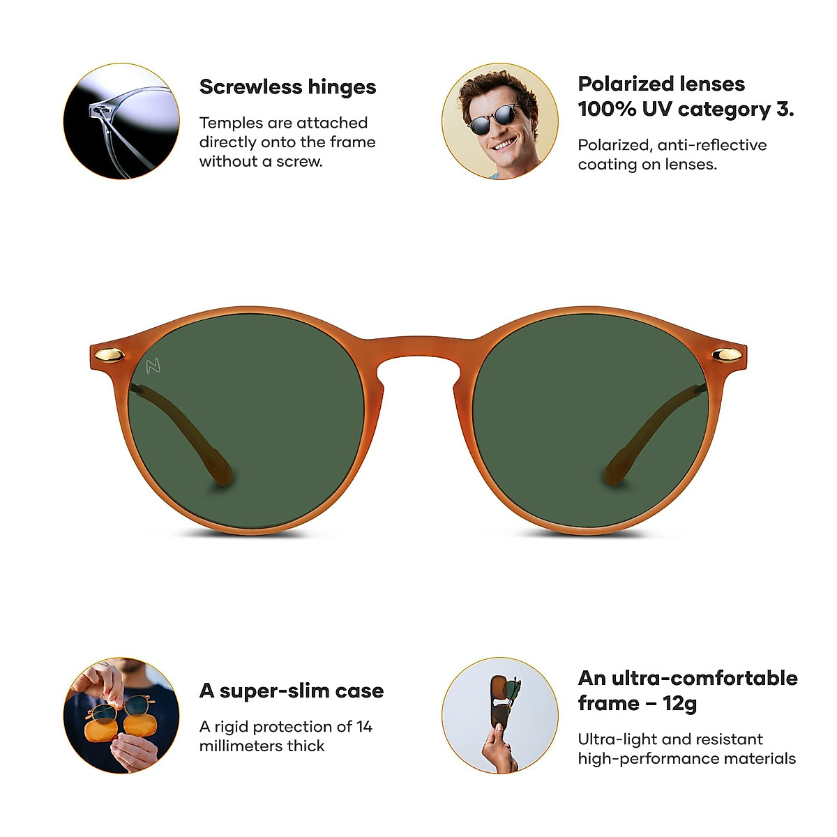 NOOZ Sunglasses polarized for Men and Women - 100% UV protection - Honey Color - with Compact Case - CRUZ Collection