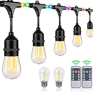 LED Outdoor String Lights, 48FT Patio Lights with Remote & 15 Dimmable Edison Shatterproof Bulbs, RGB Fairy Rope Hanging Light for Outside, Café, Deck, Porch, Garden, Bistro, Christmas Party (Plug)