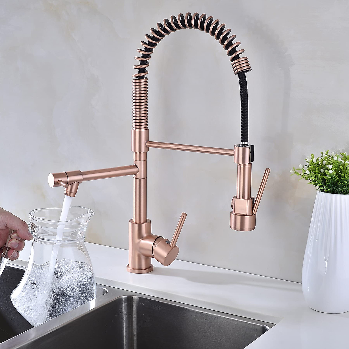 Avola Classical Kitchen Faucet,Single Handle Kitchen Sink Faucets,Copper Kitchen Faucet with Pull Down Sprayer,Rose Gold Kitchen Faucet,Spring Kitchen Sink Faucet Copper