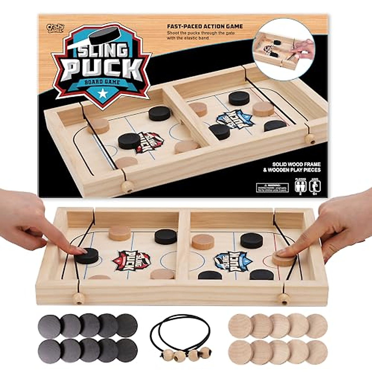 Crazy Games Fun Games Sling Puck Table Board Game I 14" Small Wooden Family Indoor Two Player, Table Games for Family - Top Hockey for Adults & Kids, Competitive Game for Parties It is Fun