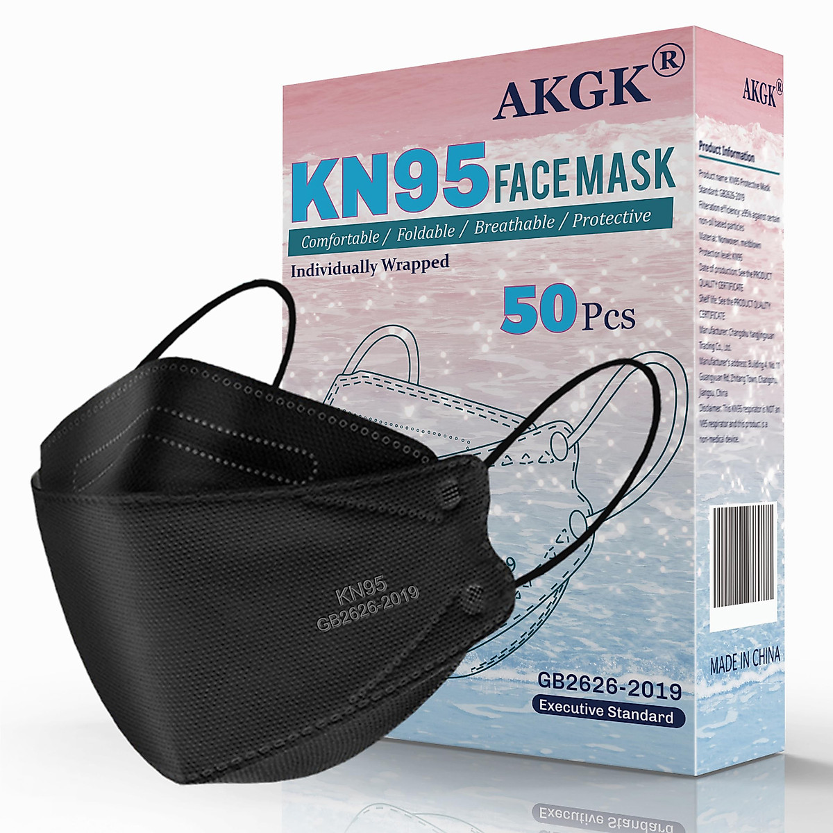 akgk KN95 Face Masks 50 Pack, Individually Wrapped, 5-Ply Disposable Black Face Mask Against PM 2.5 Smoke and Dust