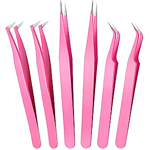 6-Pack Eyelash Extension Tweezers, Stainless Steel Straight Curved Tip Tweezers Single Eyelash False Eyelash Application Tools(Pink)