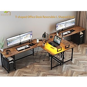 SZXKT L Shaped Gaming Desk with Power Outlets and Monitor Stand, Computer Desk with LED Lights,Home Office Desks Large Writing Study Table Workstation with Hooks Desk for Bedroom, Rustic Brown