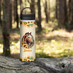 winorax Personalized Sunflower Horse Water Bottle 12oz 18oz 32oz Insulated Stainless Steel Sports Bottles Travel Cup Birthday Christmas Back To School Gift for Women Girls Kids