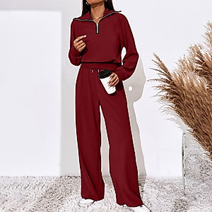 DOLKFU deals of the day clearance prime lounge set Womens Half Zip Long Sleeve Casual Hoodies Tracksuit Wide Leg Loose Jogger Pant Fall Fashion 2 Piece Outfits Red L