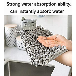 6 Pack Cute Chenille Soft Hanging Hand Towels, Funny Cat, Pig, Owl, Penguin, Elephent, Bear Washcloths, Absorbent Thick Kitchen＆Bathroom Microfiber Towel Bulk (Grey+Pink+Green+Sky Blue+Orange