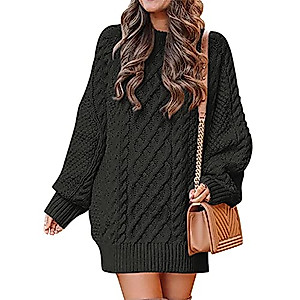 ANRABESS Women 2023 Fall Crewneck Long Sleeve Oversized Cable Knit Chunky Baggy Loose Knit Pullover Short Sweater Dresses Trendy Winter Tunic Mini Dress 412heise-XS Black