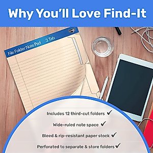 Find It File Folder Notepad - Pack of 12-9.5 x 12.5 Inch Notebook Organizer Folders for Filing, Document, and Clipboard Organization - Cream