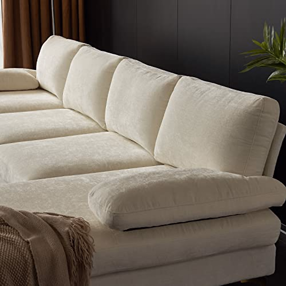 Karl home Convertible Sectional Sofa 110" U-Shape Sofa Couch 4-Seat Couch with Chaise ChenilleFabric Upholstered for Living Room, Apartment, Office, Creamy White